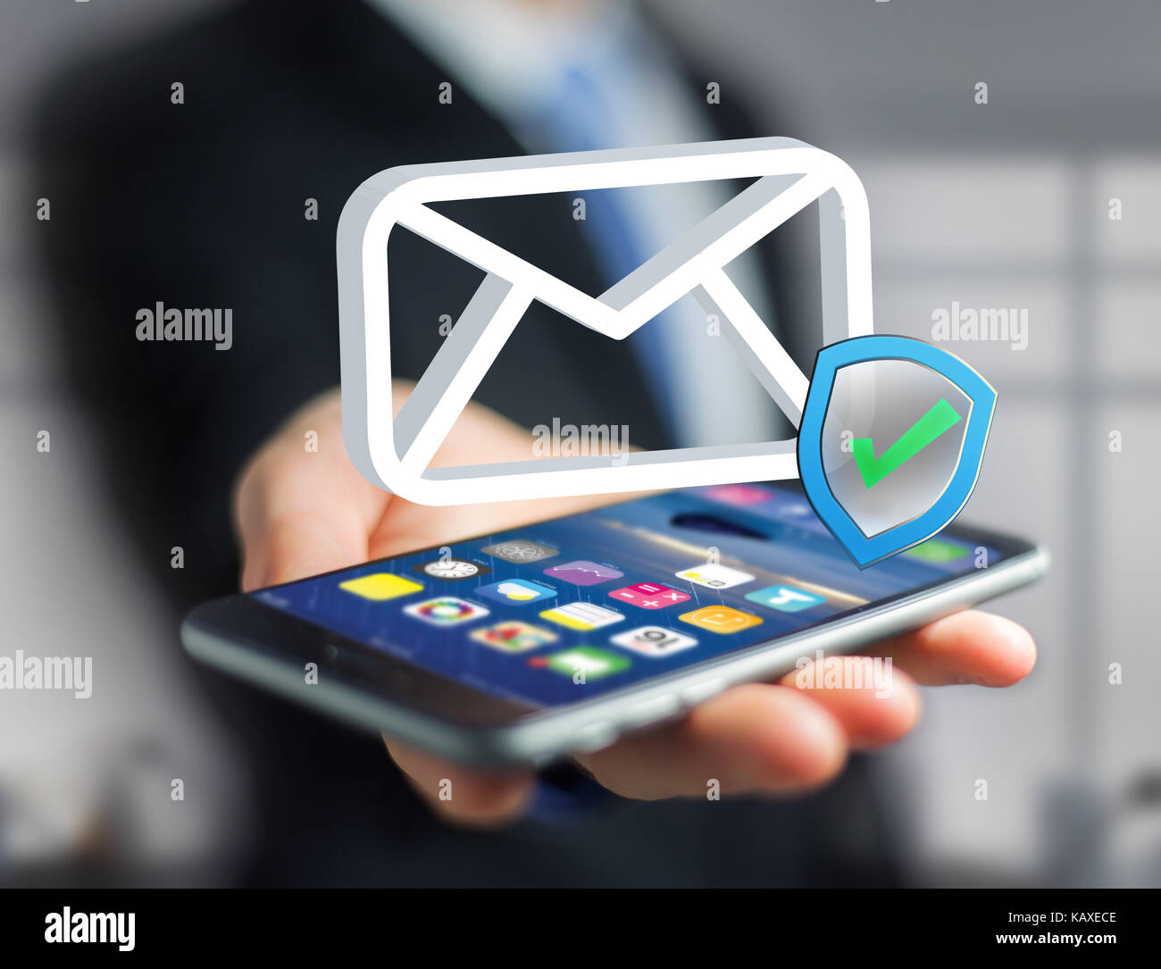 View of a Approved and verified Email symbol displayed on a futuristic ...