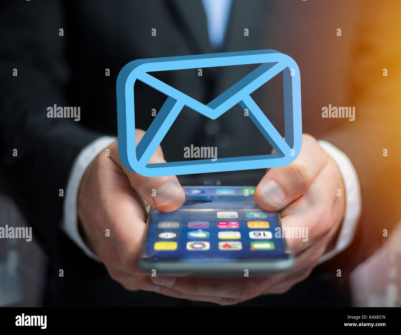 View of a Blue Email symbol displayed on a futuristic interface ...