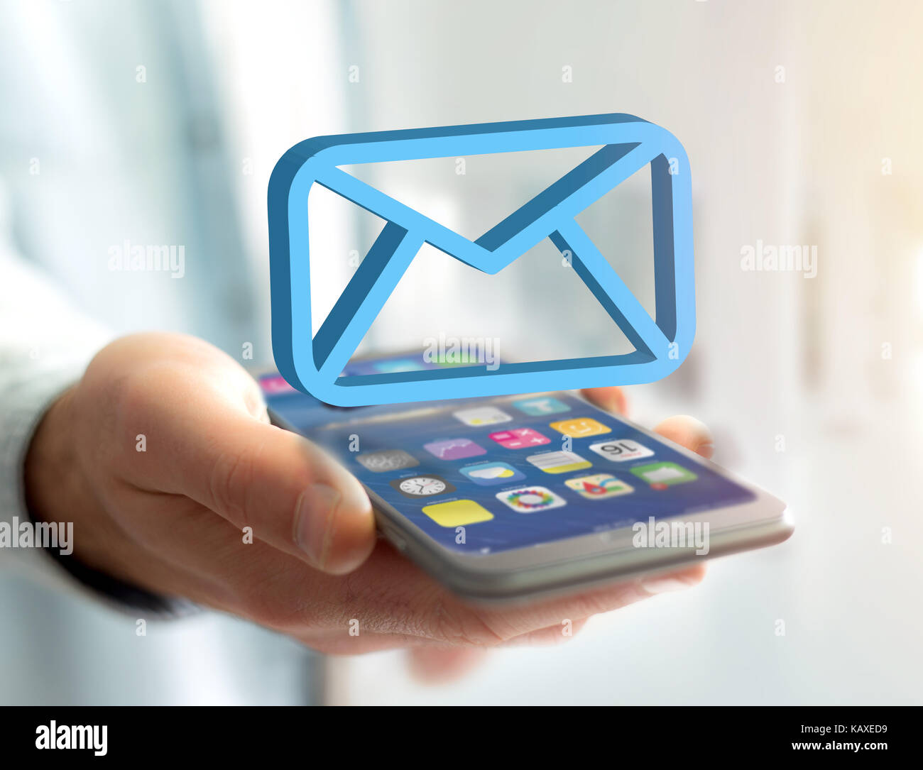View of a Blue Email symbol displayed on a futuristic interface ...