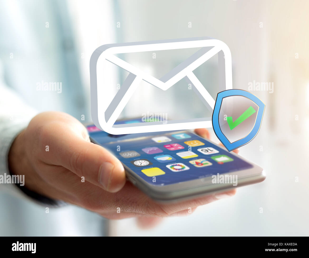 View of a Approved and verified Email symbol displayed on a futuristic ...