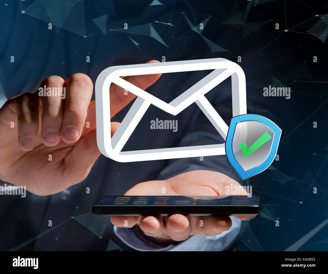 View of a Approved and verified Email symbol displayed on a futuristic ...
