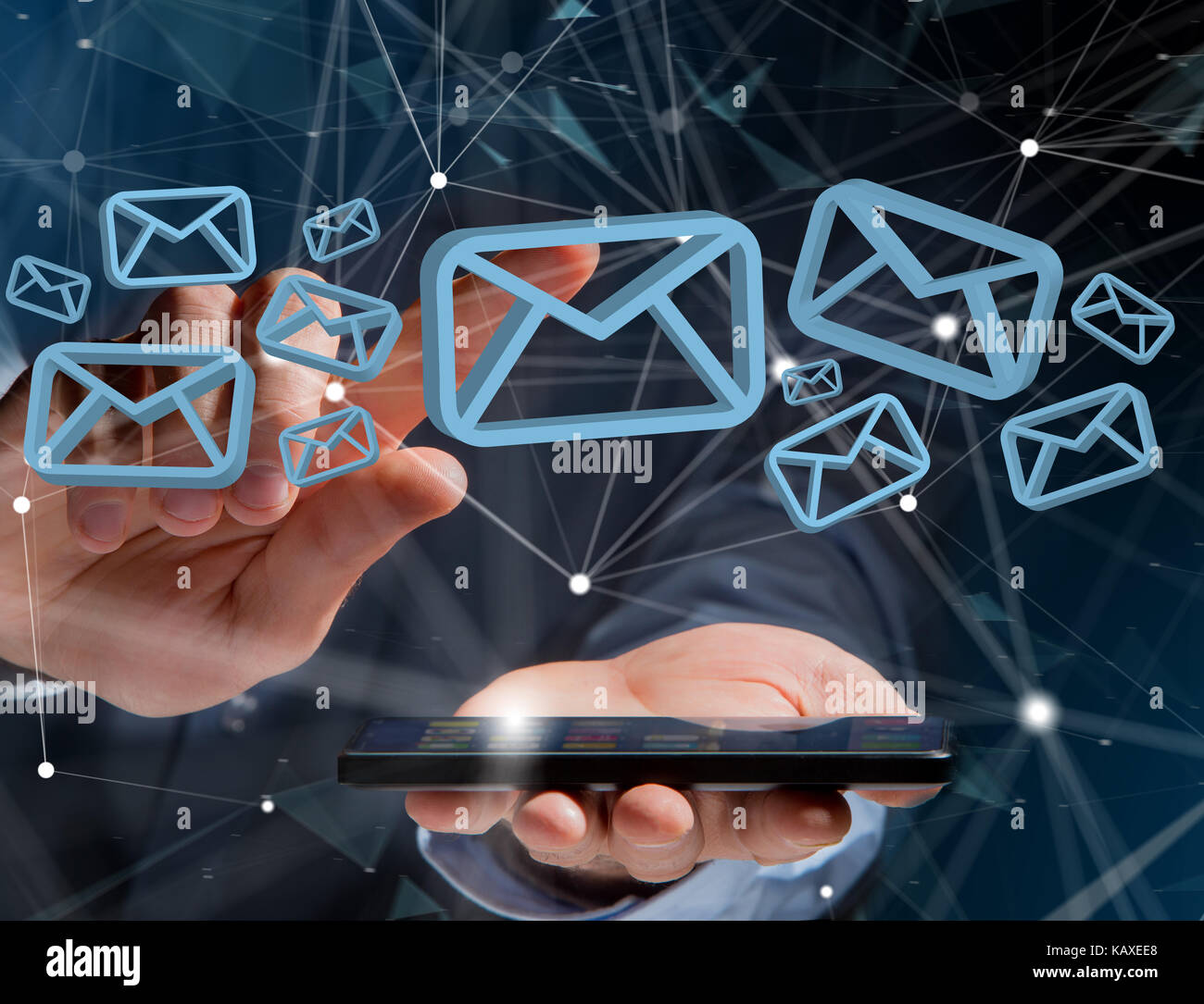 View of a Blue Email symbol displayed on a futuristic interface ...