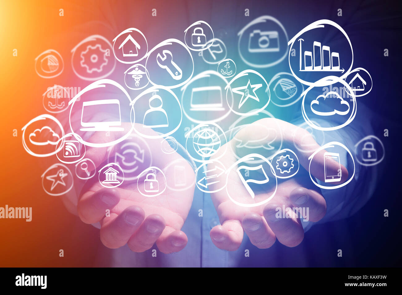 View of a Technology hand drawn icon displayed on a futuristic ...