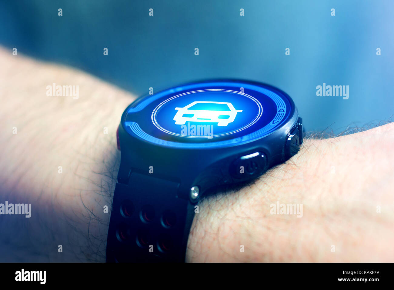 View of a Businessman hand holding smartwatch with car icon Stock Photo ...