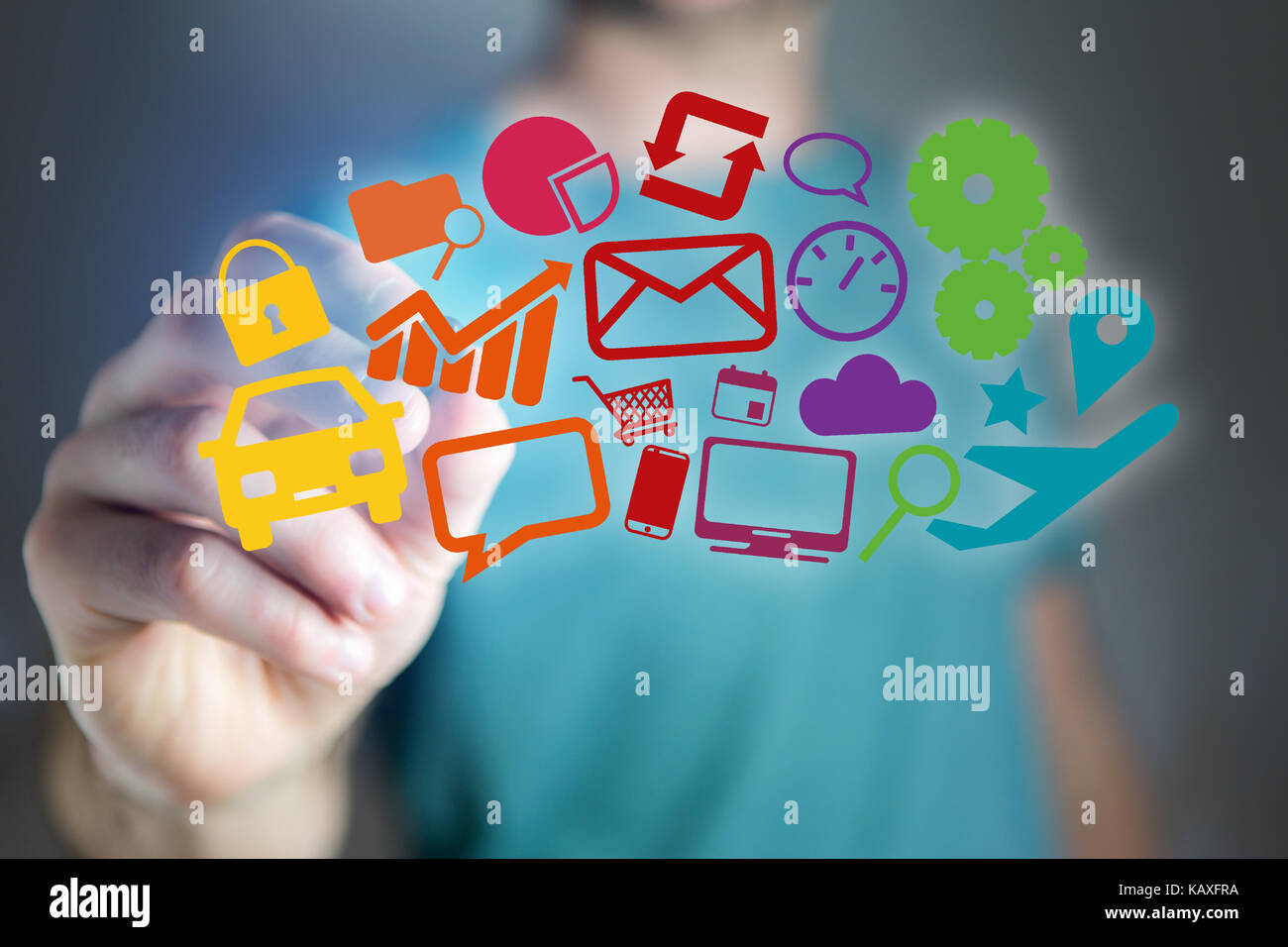 Concept view of creative flying mulitmedia icons drawn by a man ...