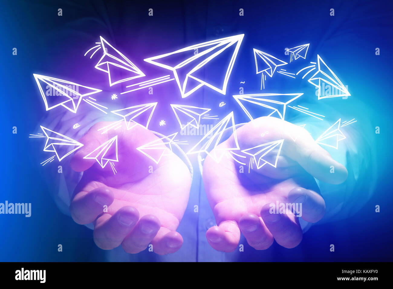 Concept of creativity with flying paper plane over a technology ...