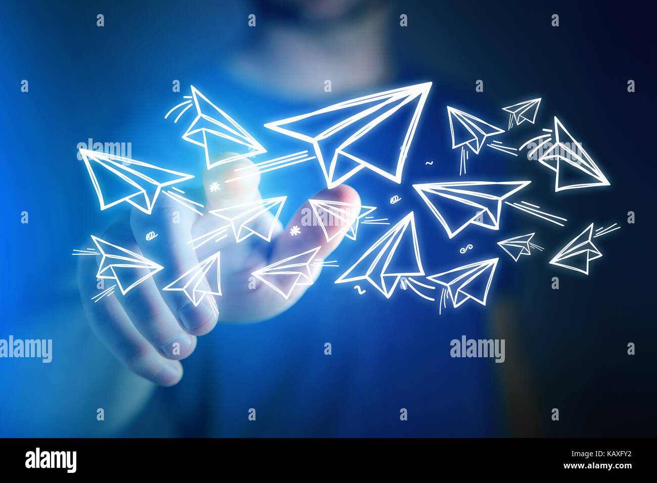 Concept of creativity with flying paper plane over a technology ...