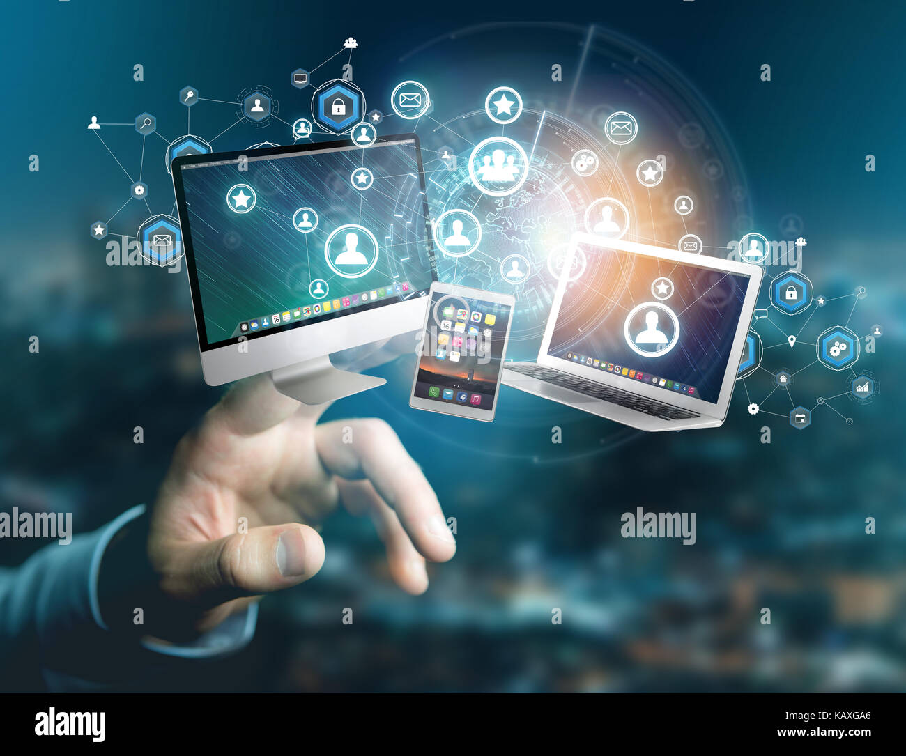 View of a Computer and devices displayed on a futuristic interface with ...
