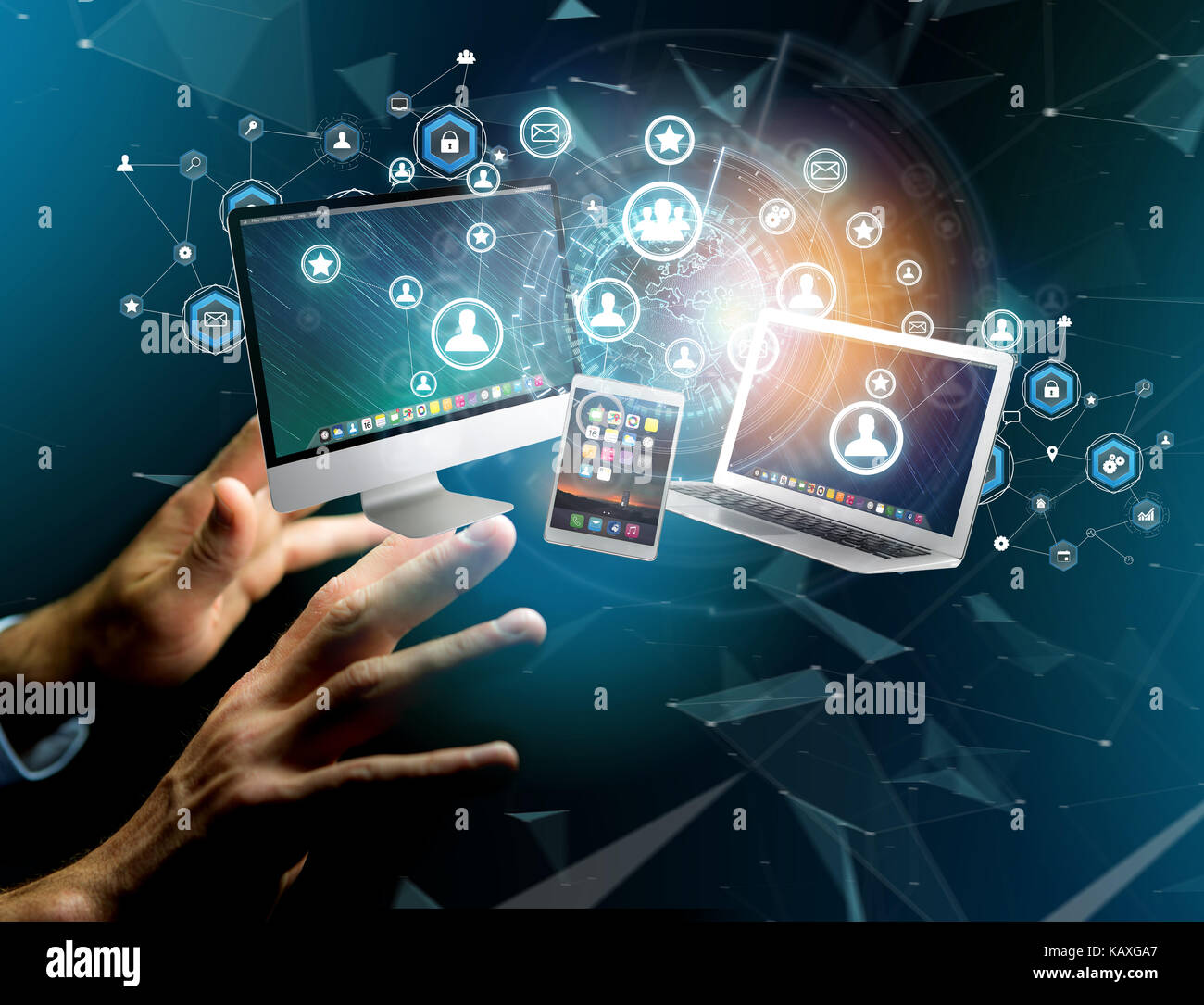 View of a Computer and devices displayed on a futuristic interface with ...