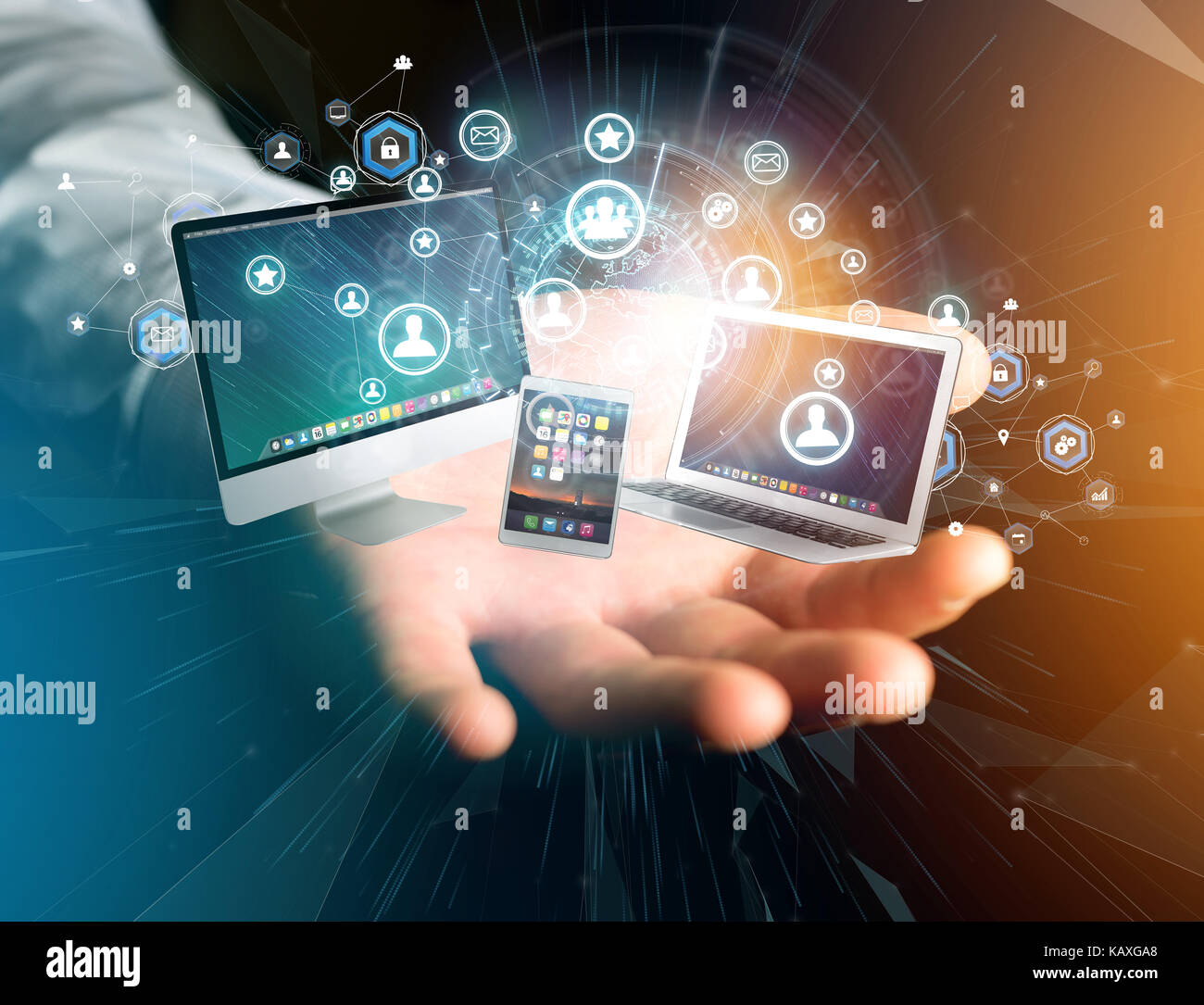View of a Computer and devices displayed on a futuristic interface with ...