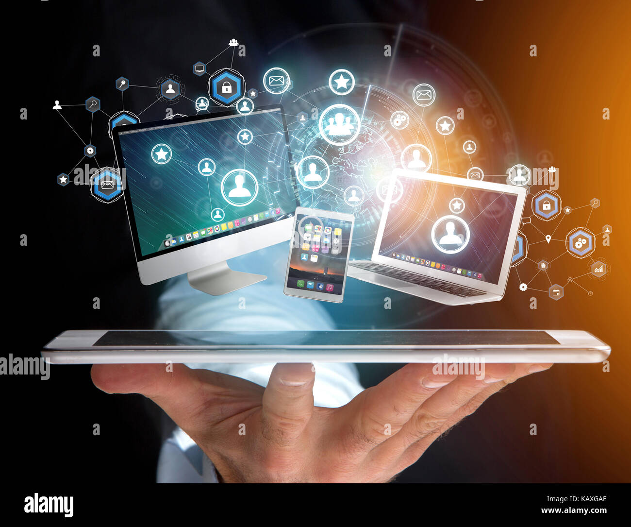 View of a Computer and devices displayed on a futuristic interface with ...