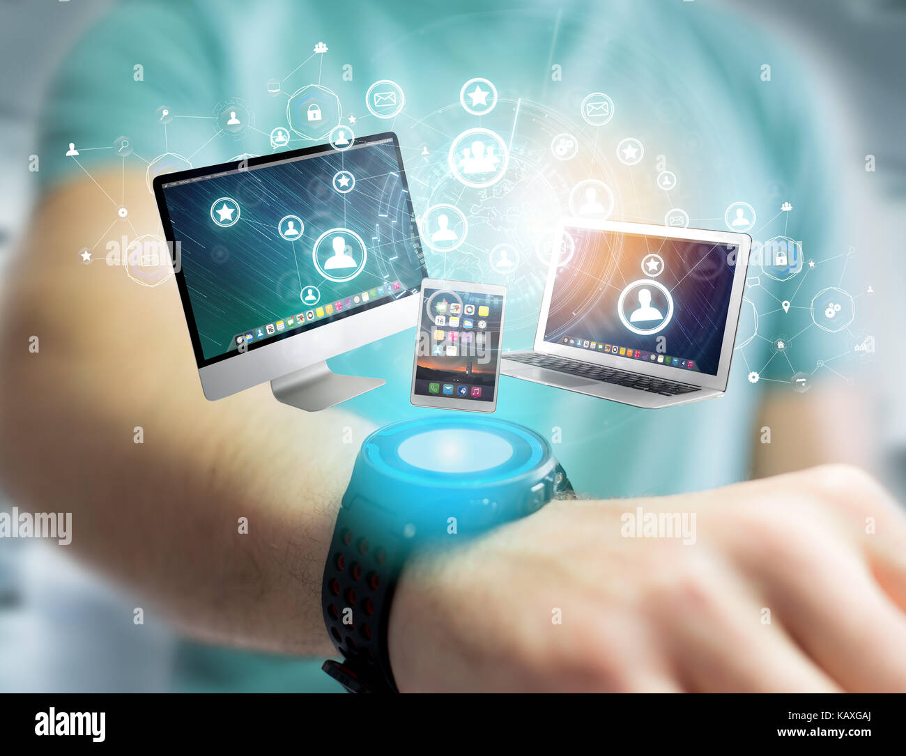 View of a Computer and devices displayed on a futuristic interface with ...
