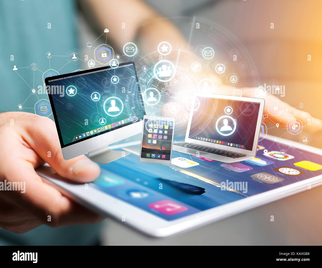 View of a Computer and devices displayed on a futuristic interface with ...