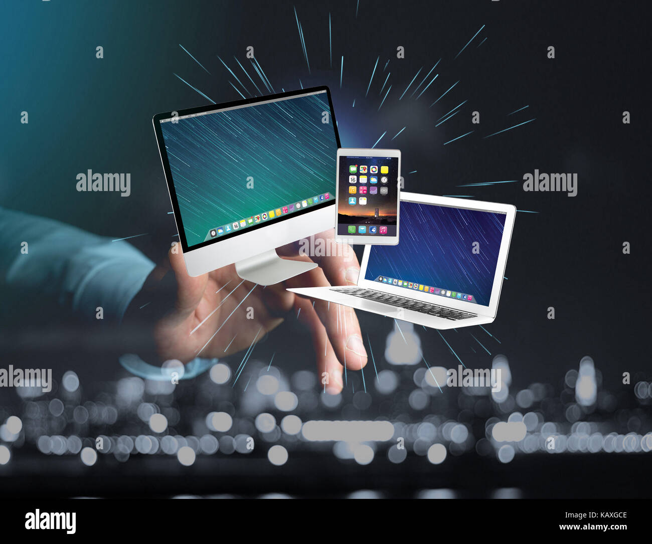 View of a Computer and devices displayed on a futuristic interface with ...