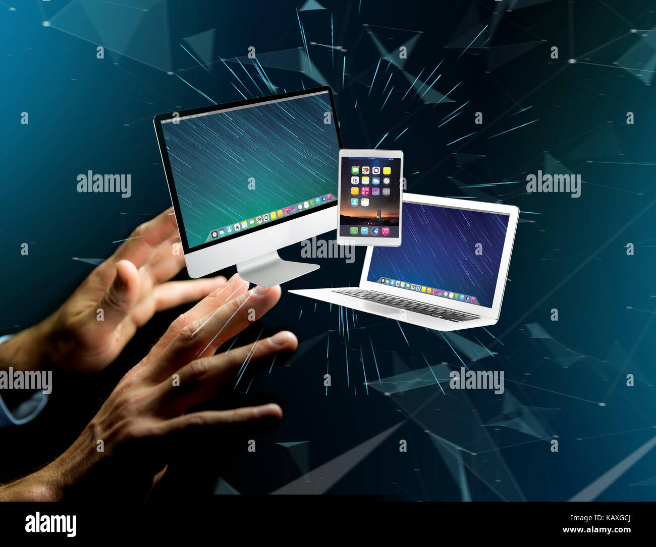 View of a Computer and devices displayed on a futuristic interface with ...