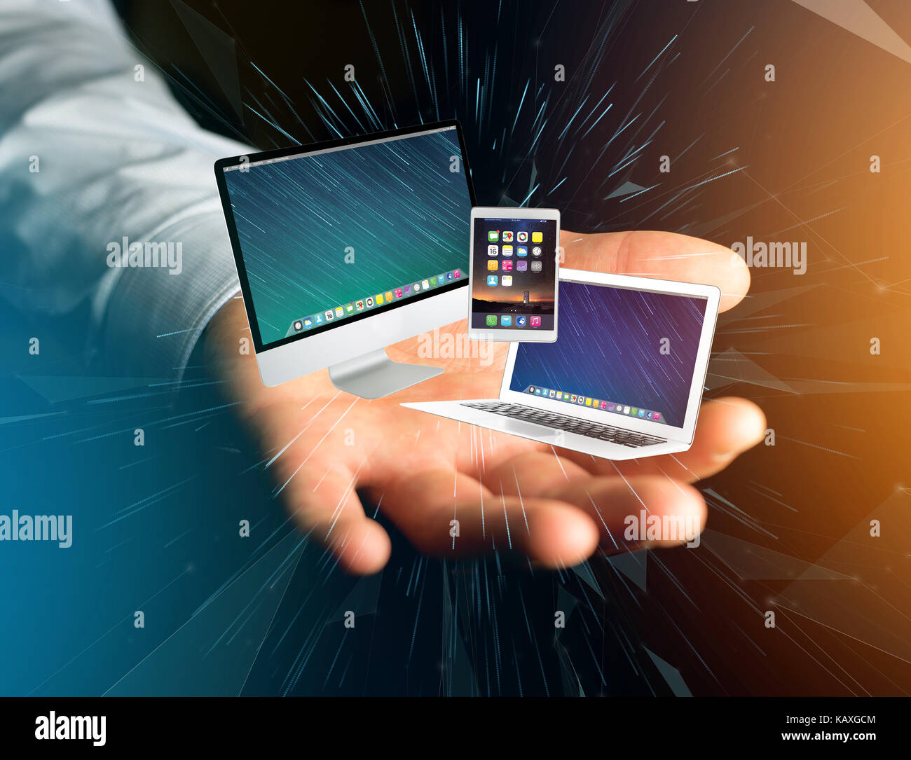 View of a Computer and devices displayed on a futuristic interface with ...
