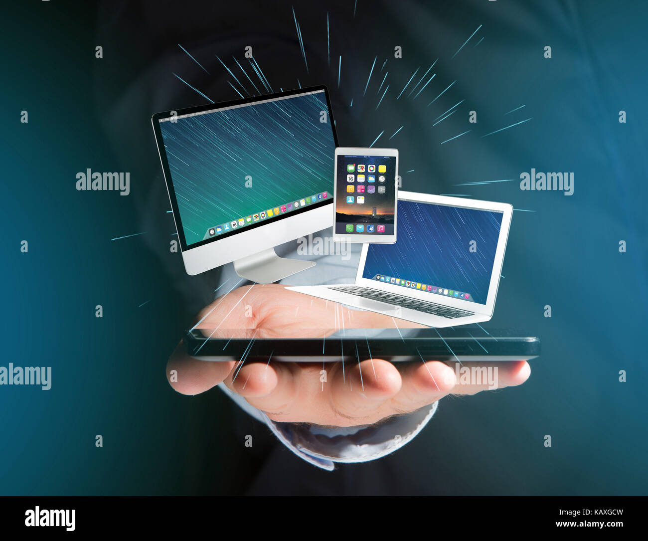 View of a Computer and devices displayed on a futuristic interface with ...