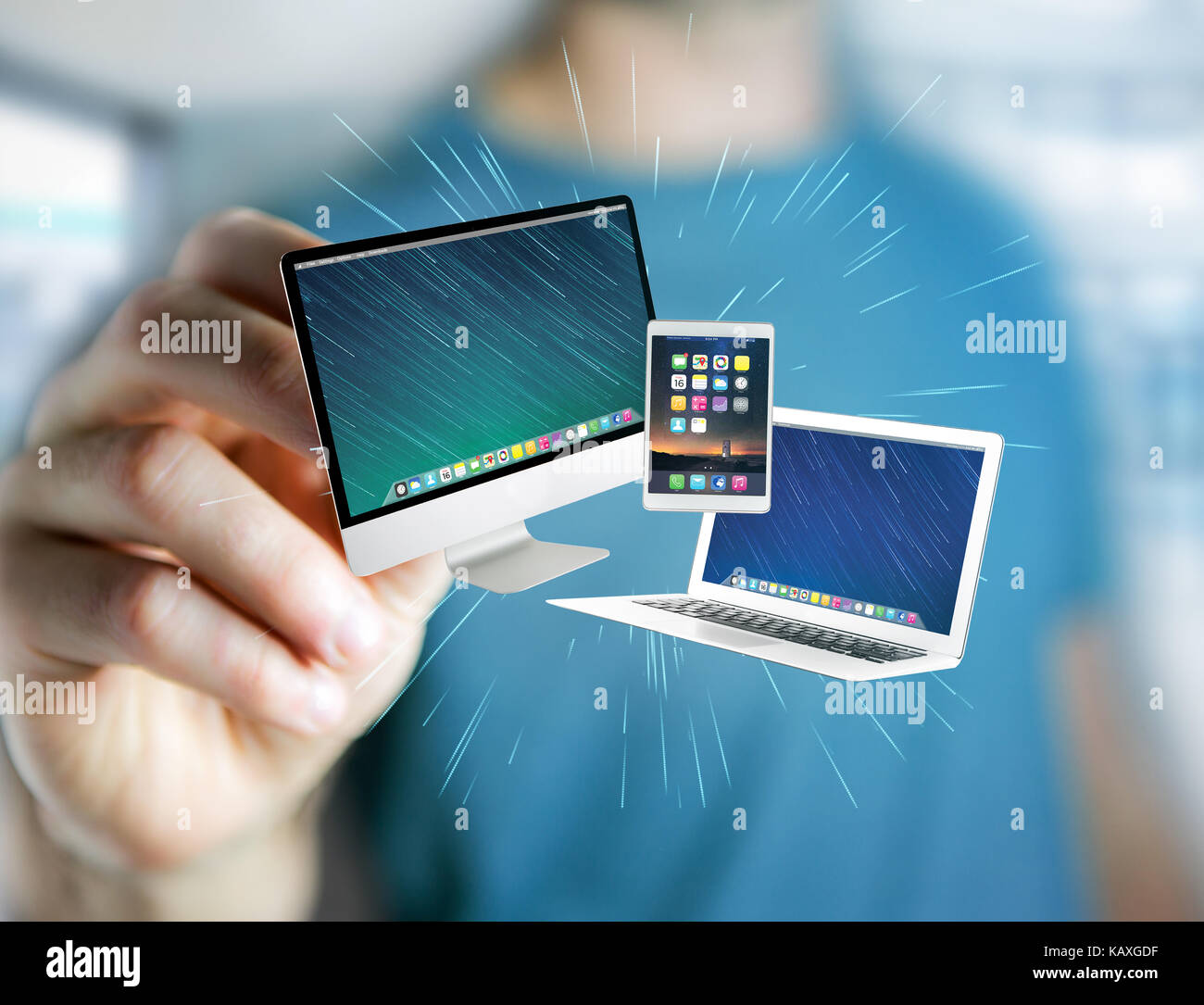 View of a Computer and devices displayed on a futuristic interface with ...