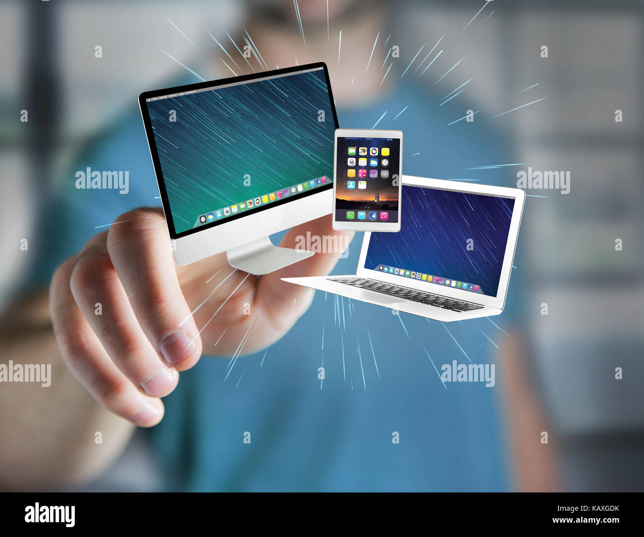 View of a Computer and devices displayed on a futuristic interface with ...