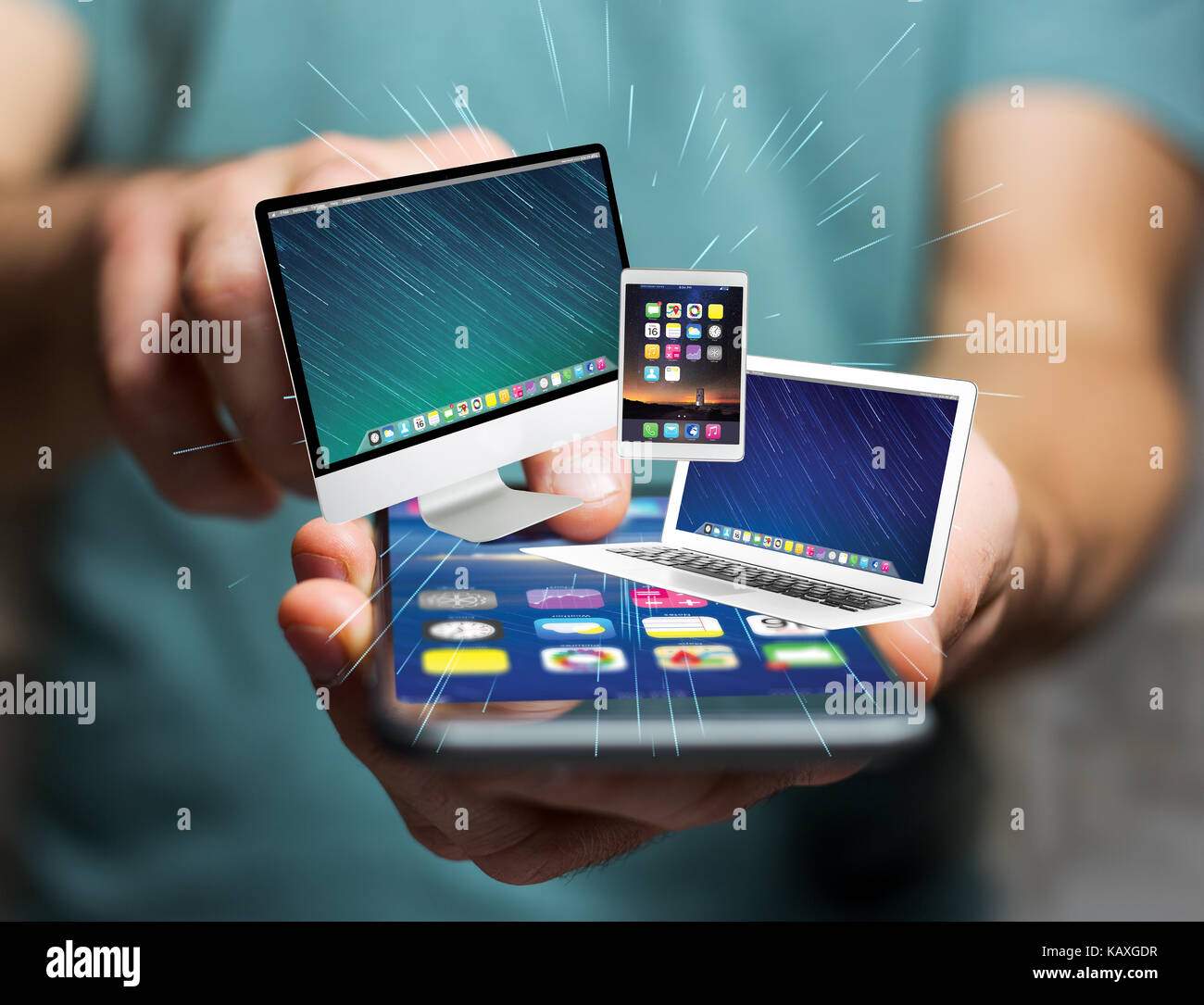 View of a Computer and devices displayed on a futuristic interface with ...
