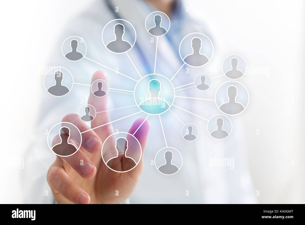 View of a Doctor touching a professional network with contact interface ...