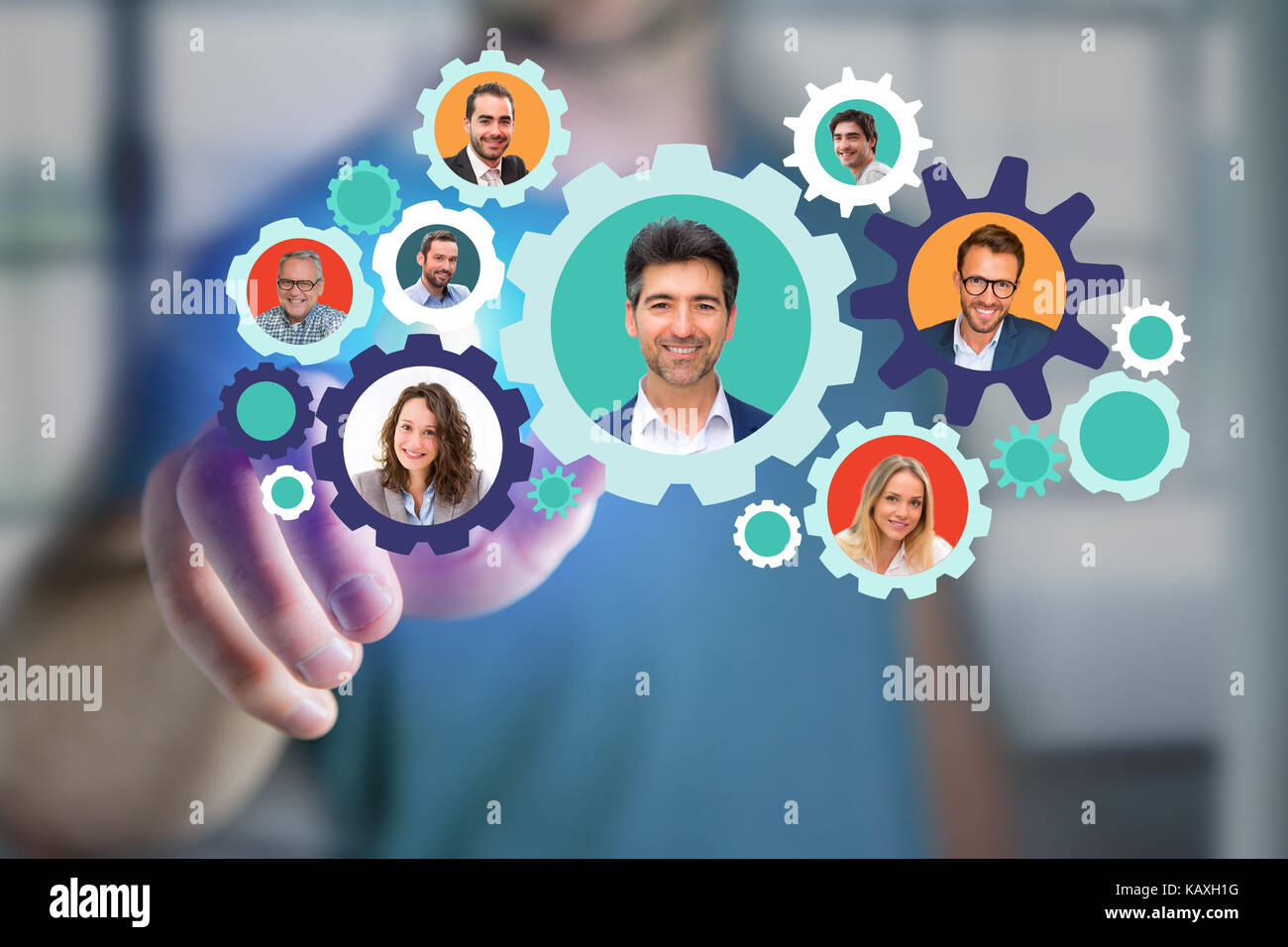 View of Colored gear wheel interface with business people portrait ...