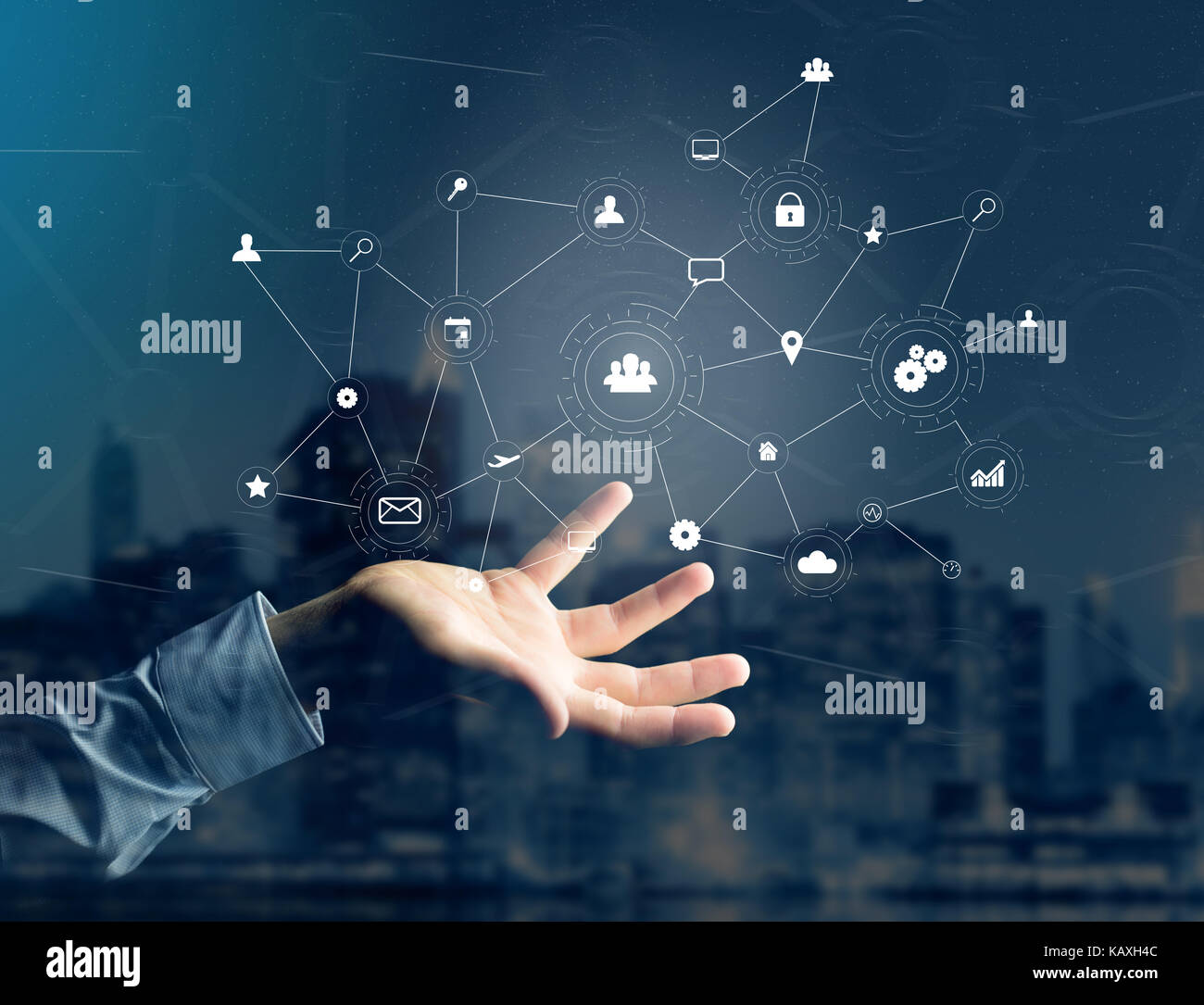 View of a Business network connection displayed on a futuristic ...