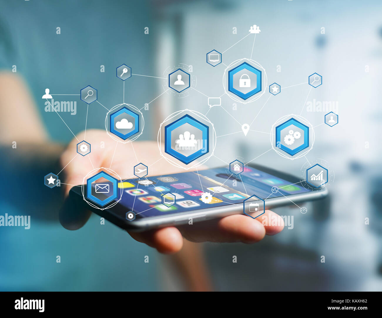 View of a Business network connection displayed on a futuristic ...