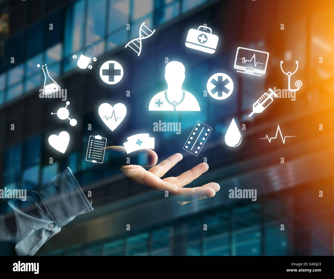 View of Medecine and general healthcare icon displayed on a technology ...