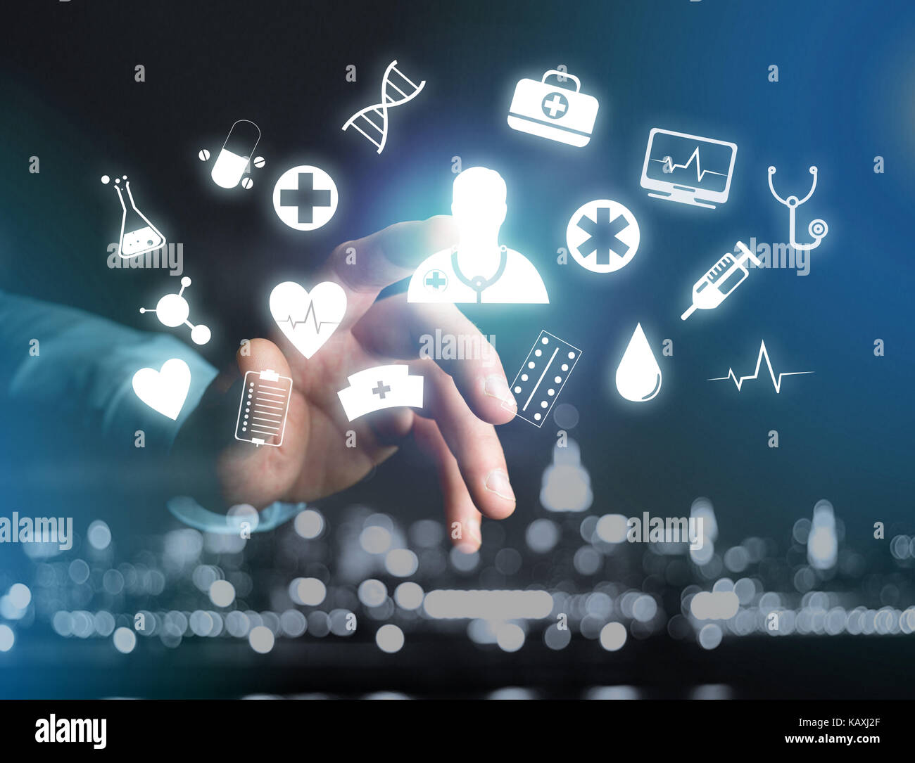 View of Medecine and general healthcare icon displayed on a technology ...