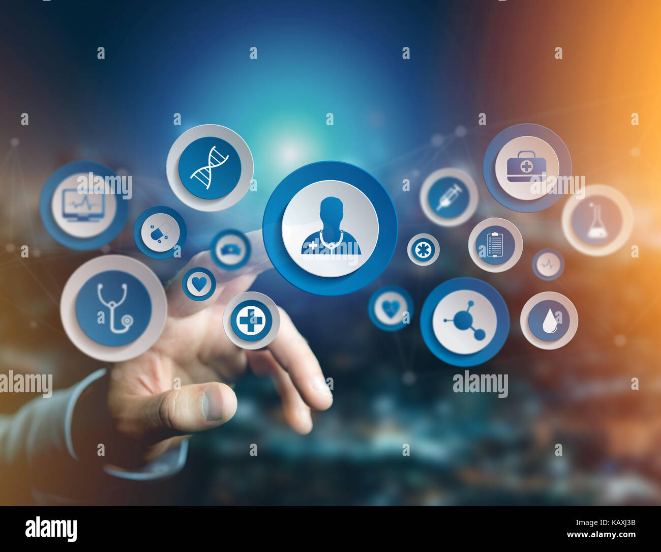 View of Medecine and general healthcare icon displayed on a technology ...