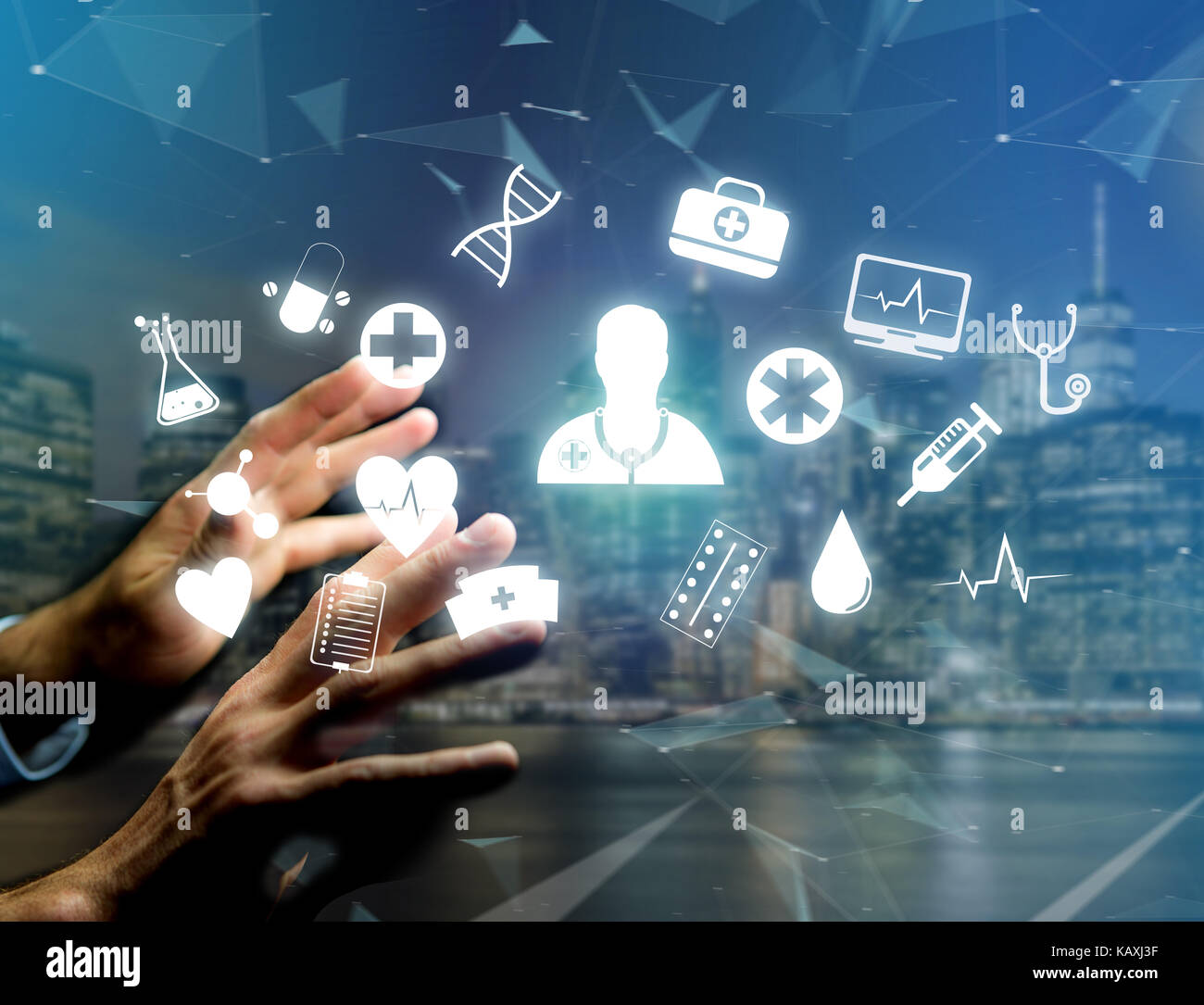 View of Medecine and general healthcare icon displayed on a technology ...