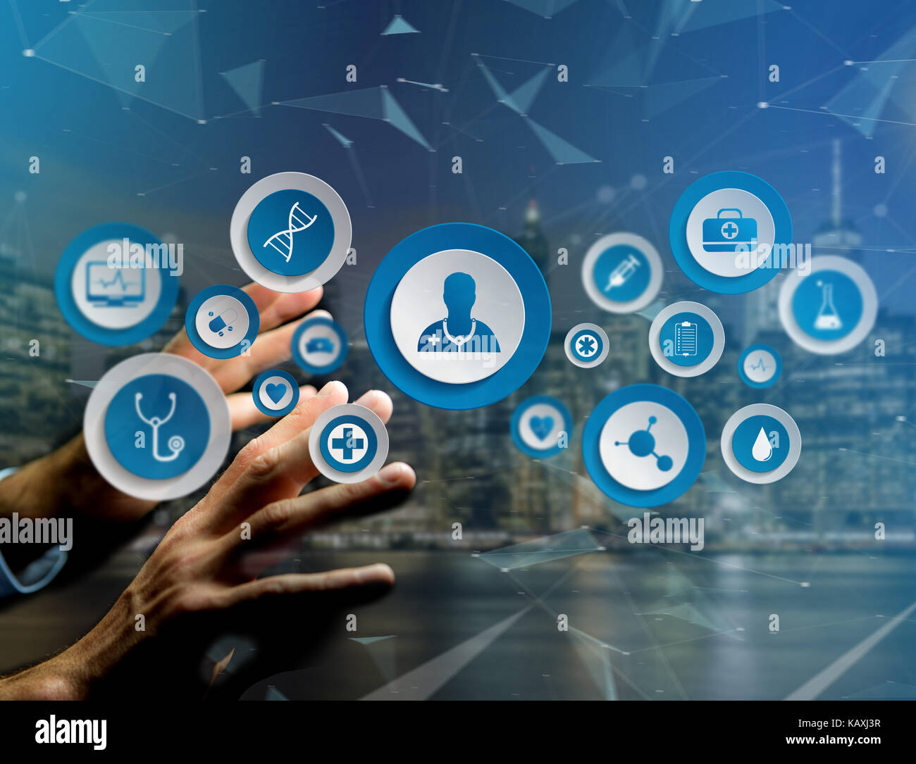 View of Medecine and general healthcare icon displayed on a technology ...