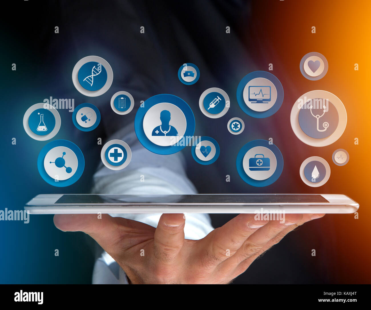 View of Medecine and general healthcare icon displayed on a technology ...