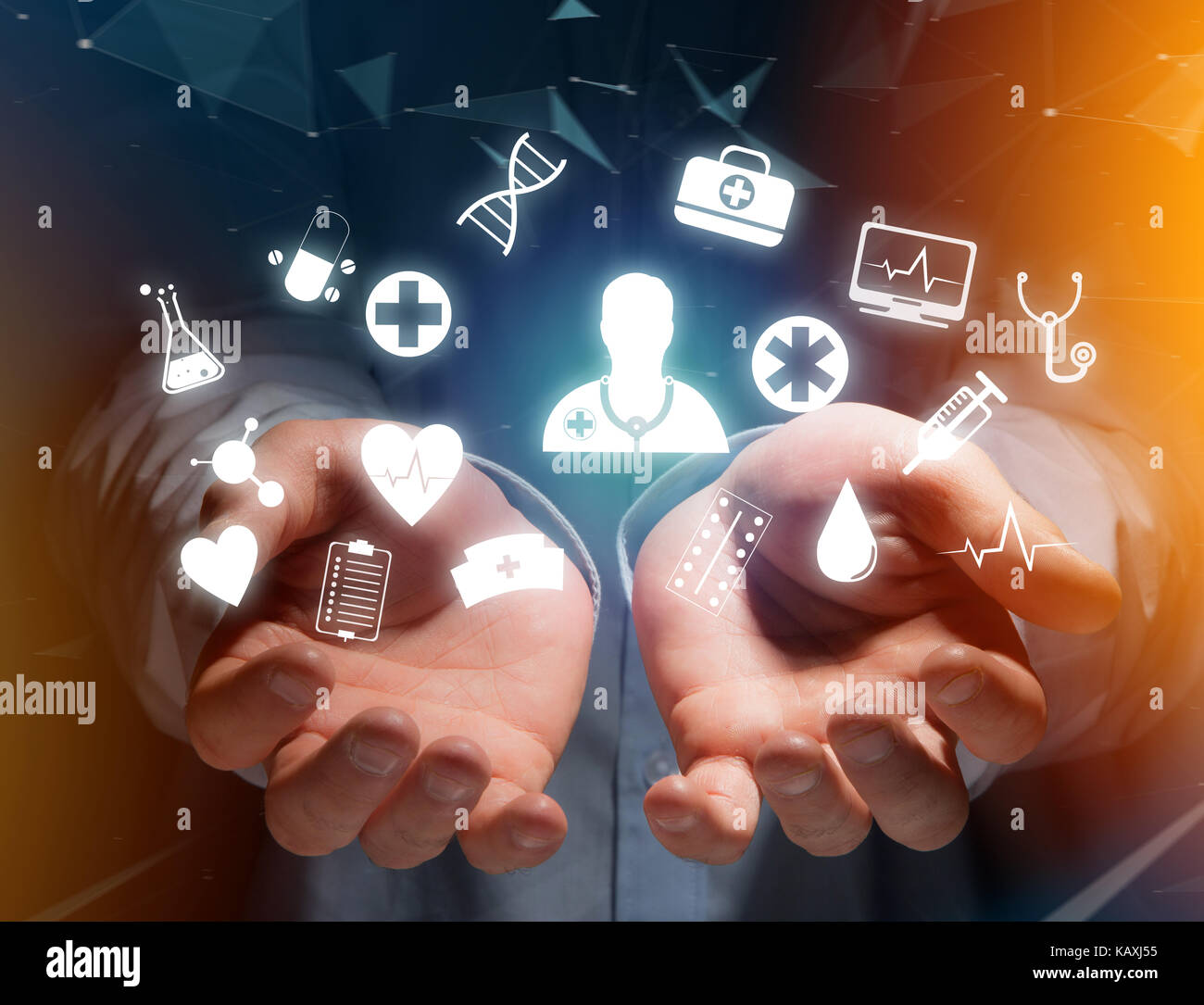 View of Medecine and general healthcare icon displayed on a technology ...