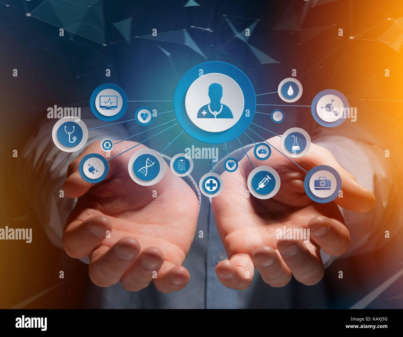 View of Medecine and general healthcare icon displayed on a technology ...