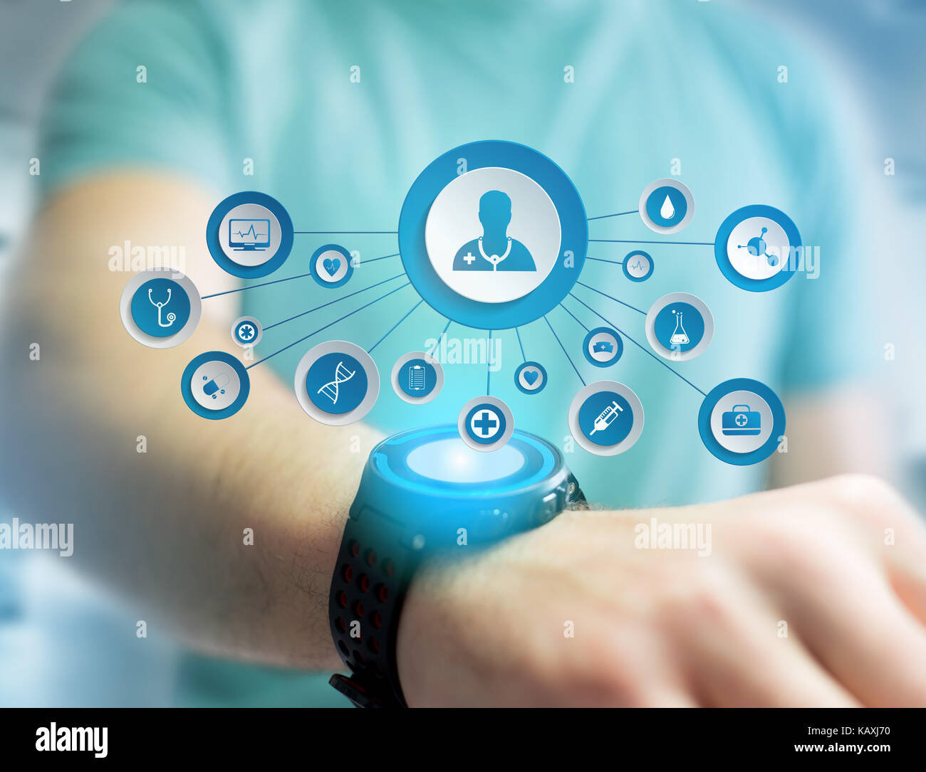 View of Medecine and general healthcare icon displayed on a technology ...