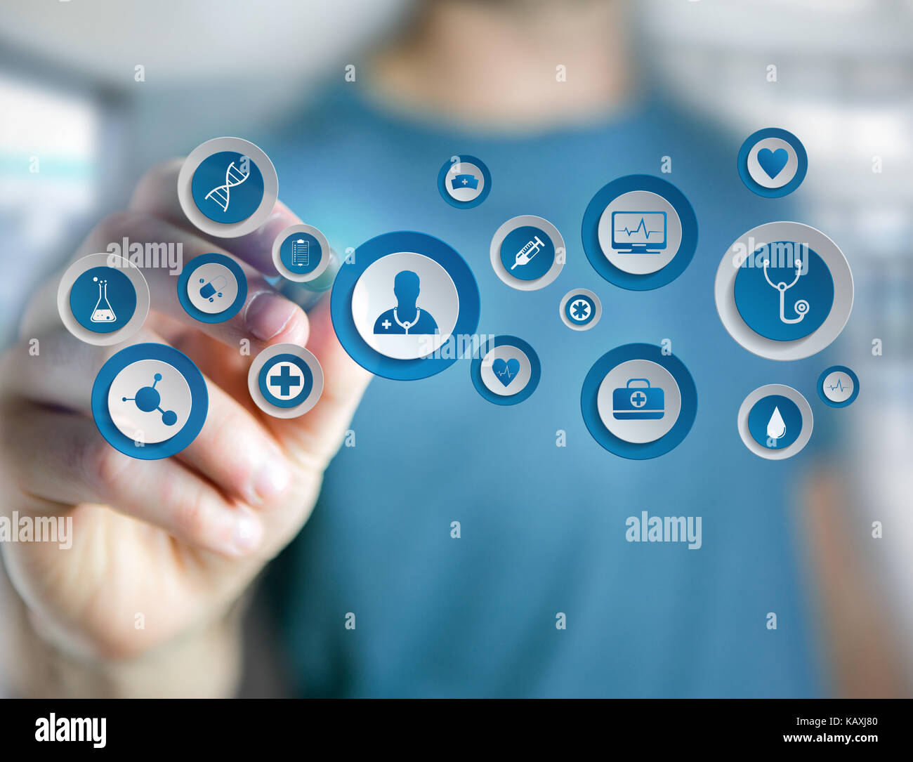View of Medecine and general healthcare icon displayed on a technology ...