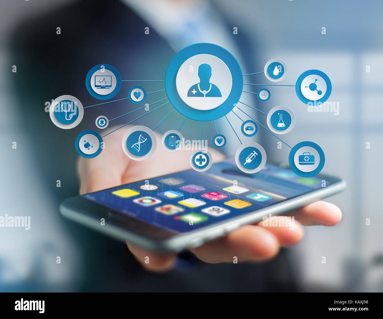 View of Medecine and general healthcare icon displayed on a technology ...