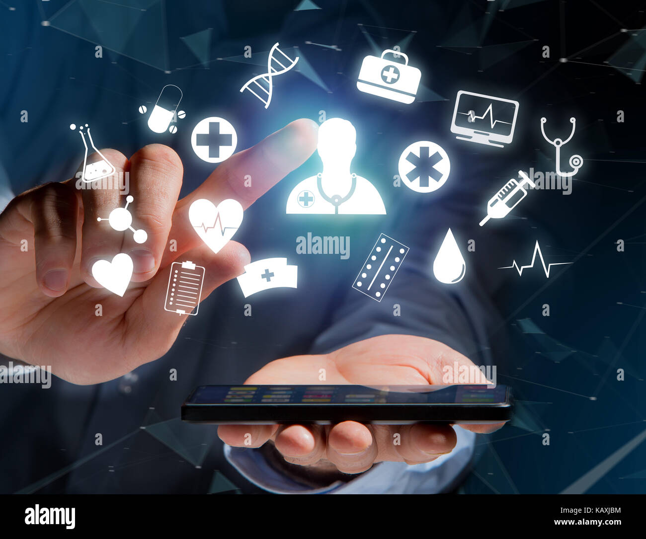 View of Medecine and general healthcare icon displayed on a technology ...