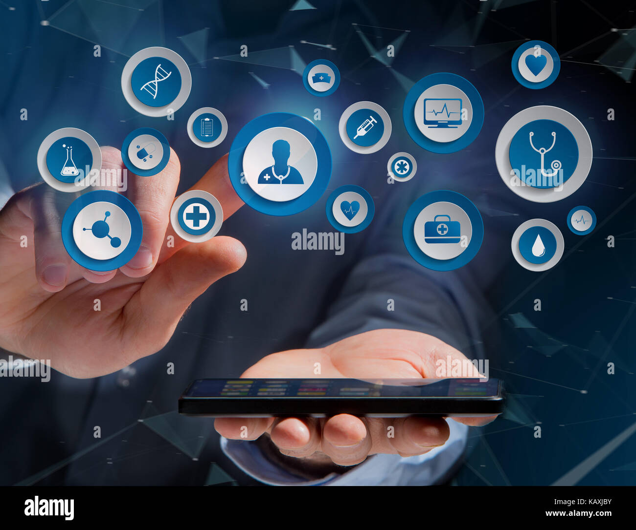 View of Medecine and general healthcare icon displayed on a technology ...