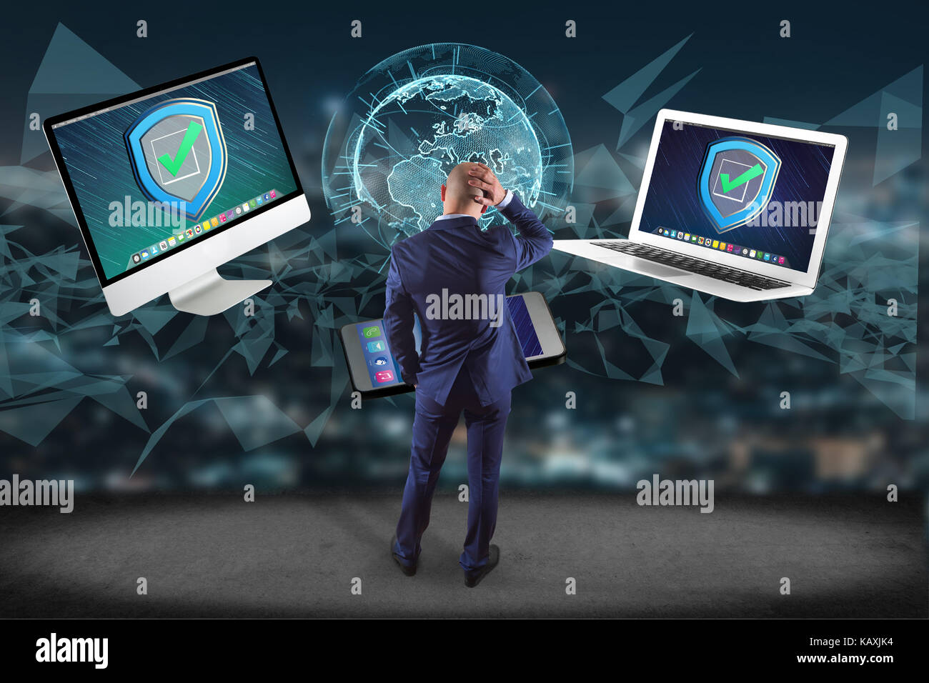 View of a Businessman in front of a wall with security shield symbol ...