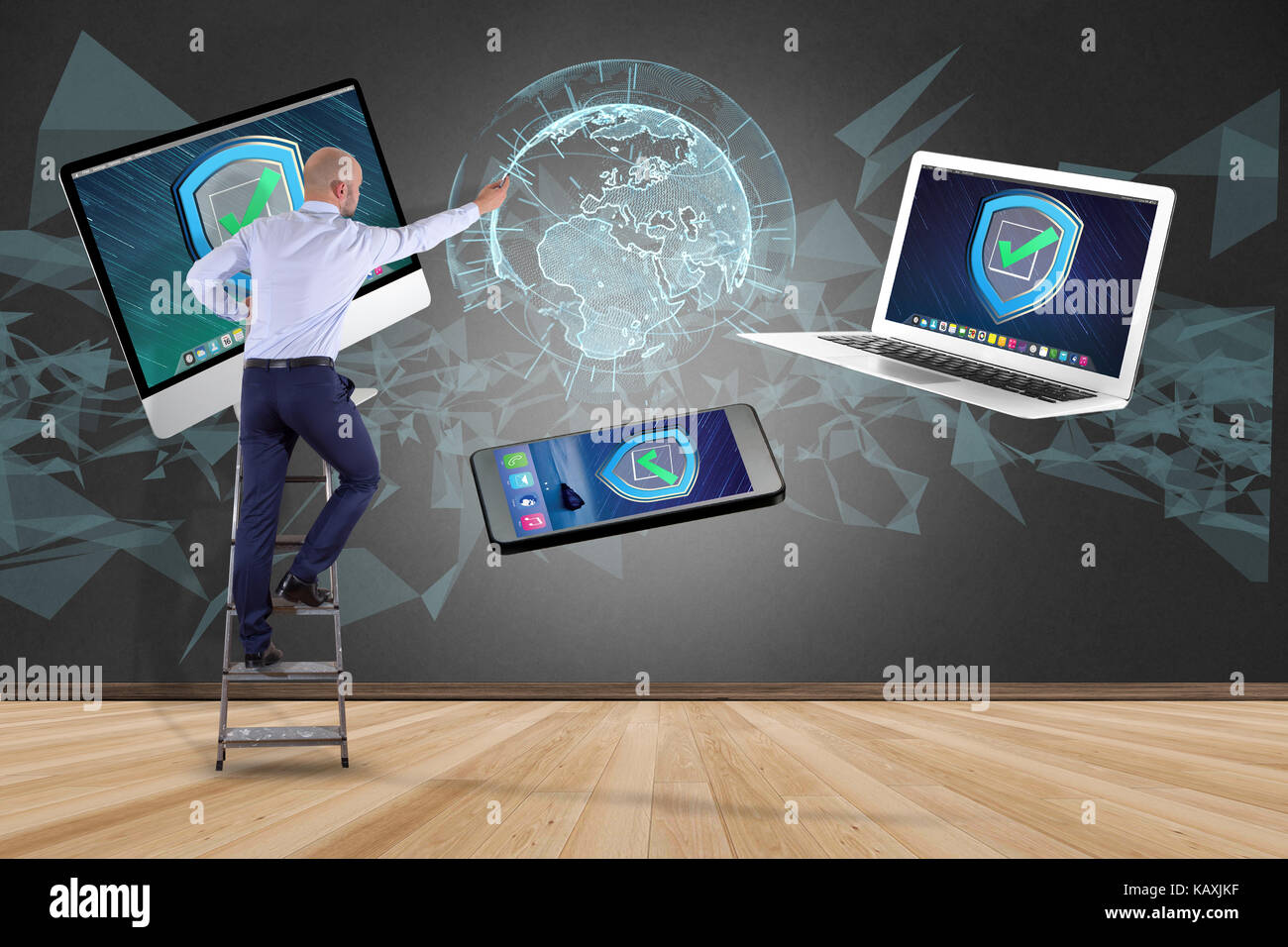 View of a Businessman in front of a wall with security shield symbol ...