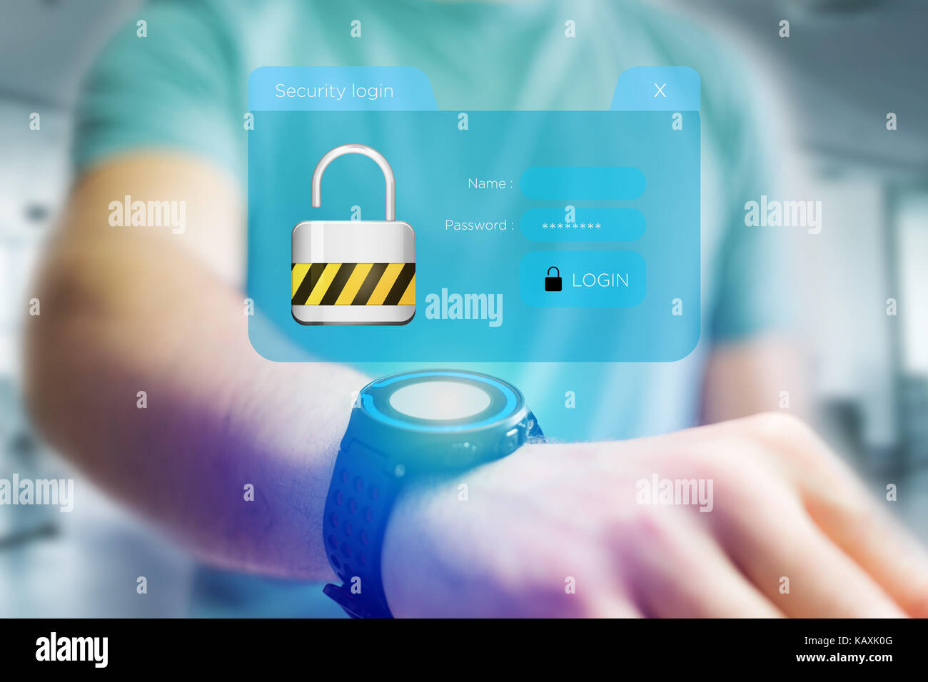View of a Security login window displayed on a futuristic interface ...