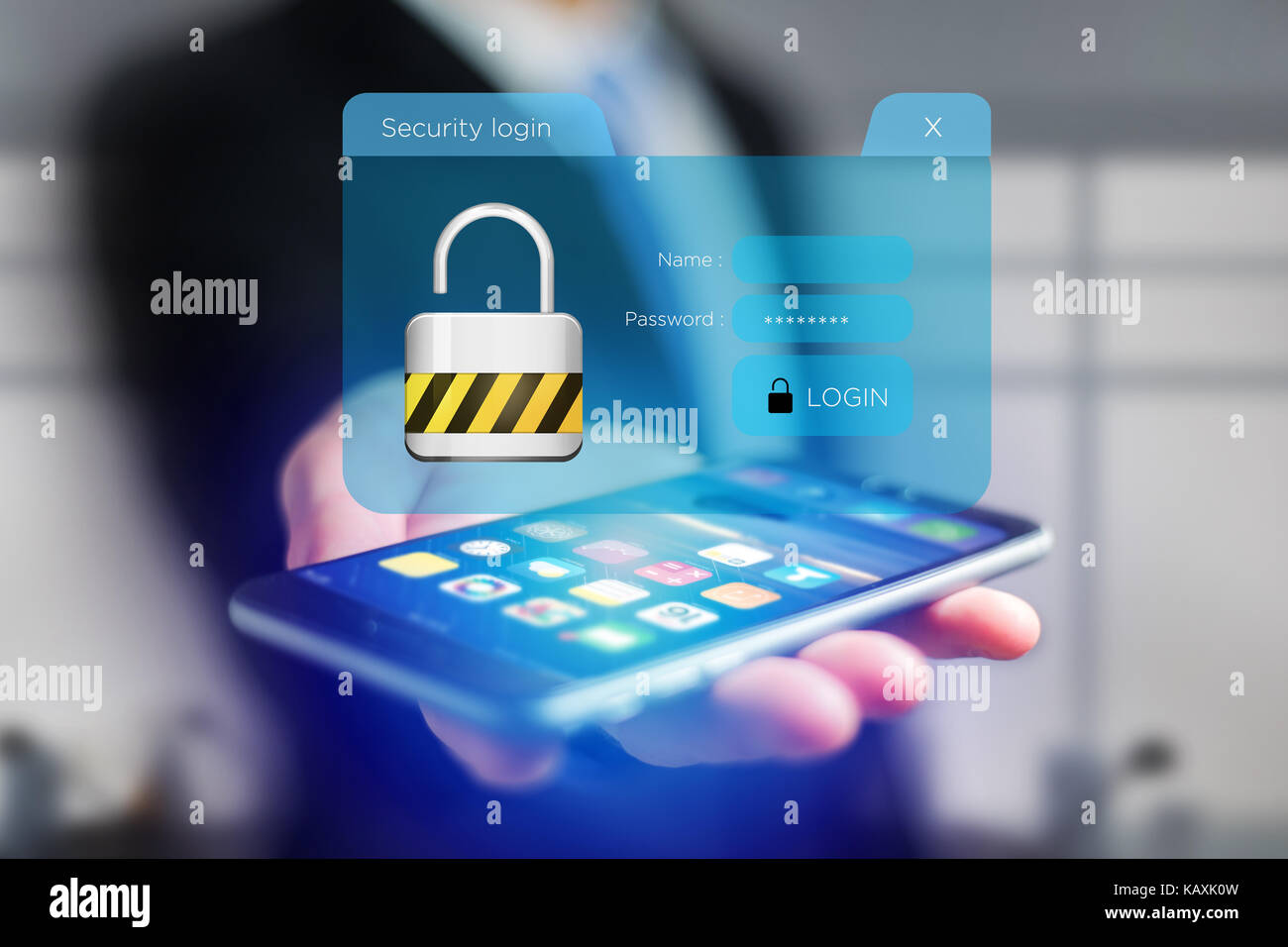 View of a Security login window displayed on a futuristic interface ...