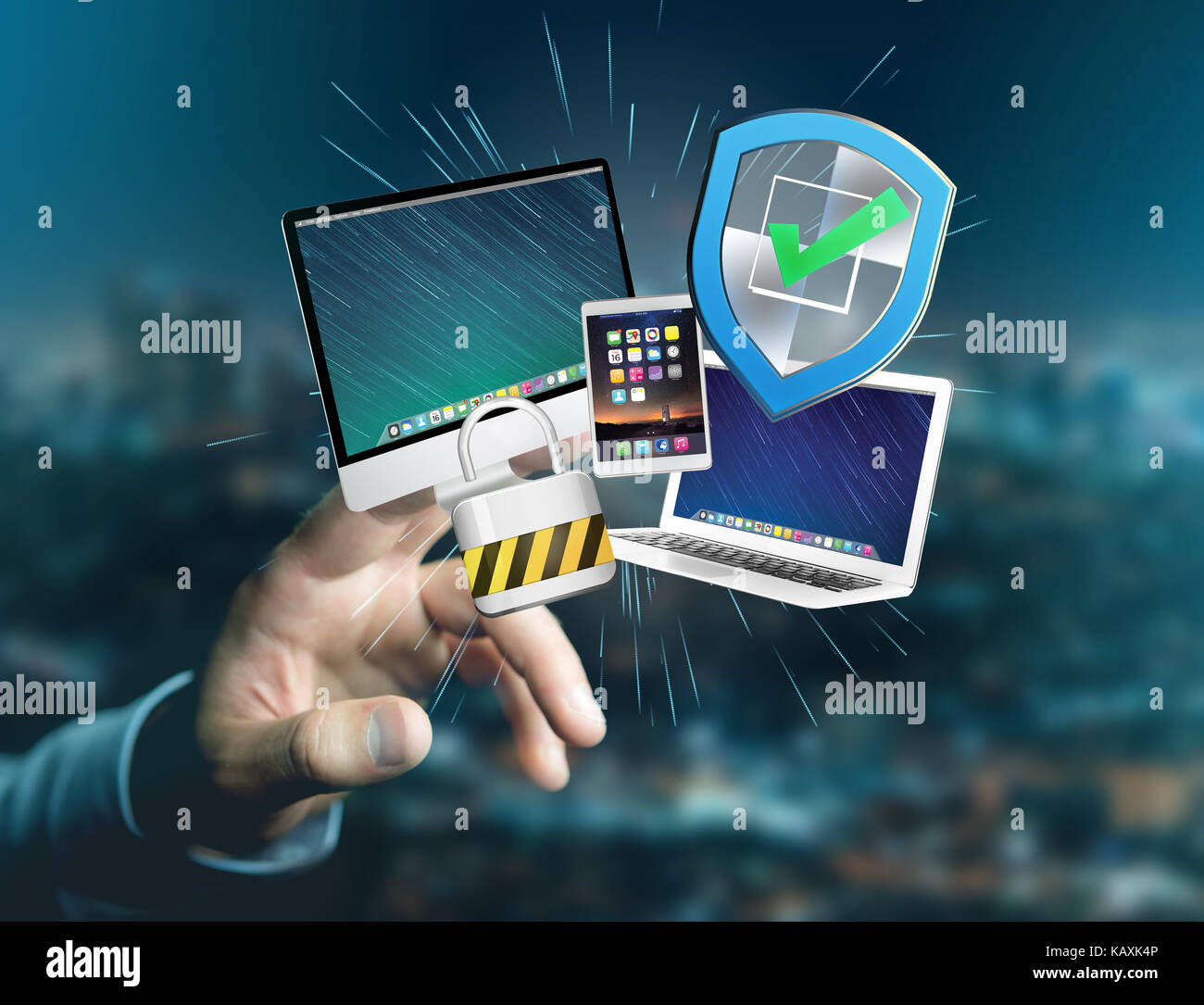 View of a Shield symbol surrounded by padlock and devices displayed on ...