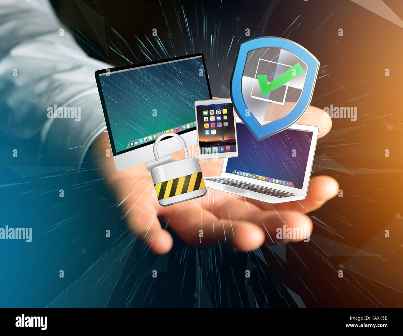 View of a Shield symbol surrounded by padlock and devices displayed on ...