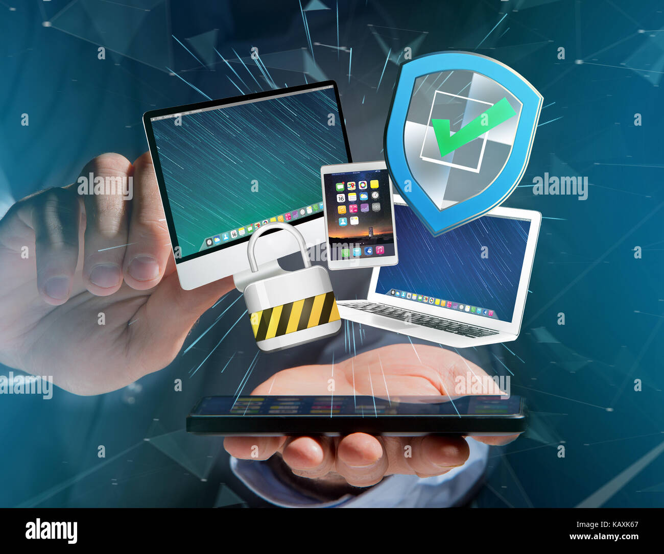 View of a Shield symbol surrounded by padlock and devices displayed on ...