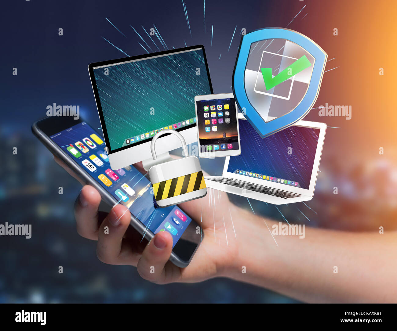 View of a Shield symbol surrounded by padlock and devices displayed on ...