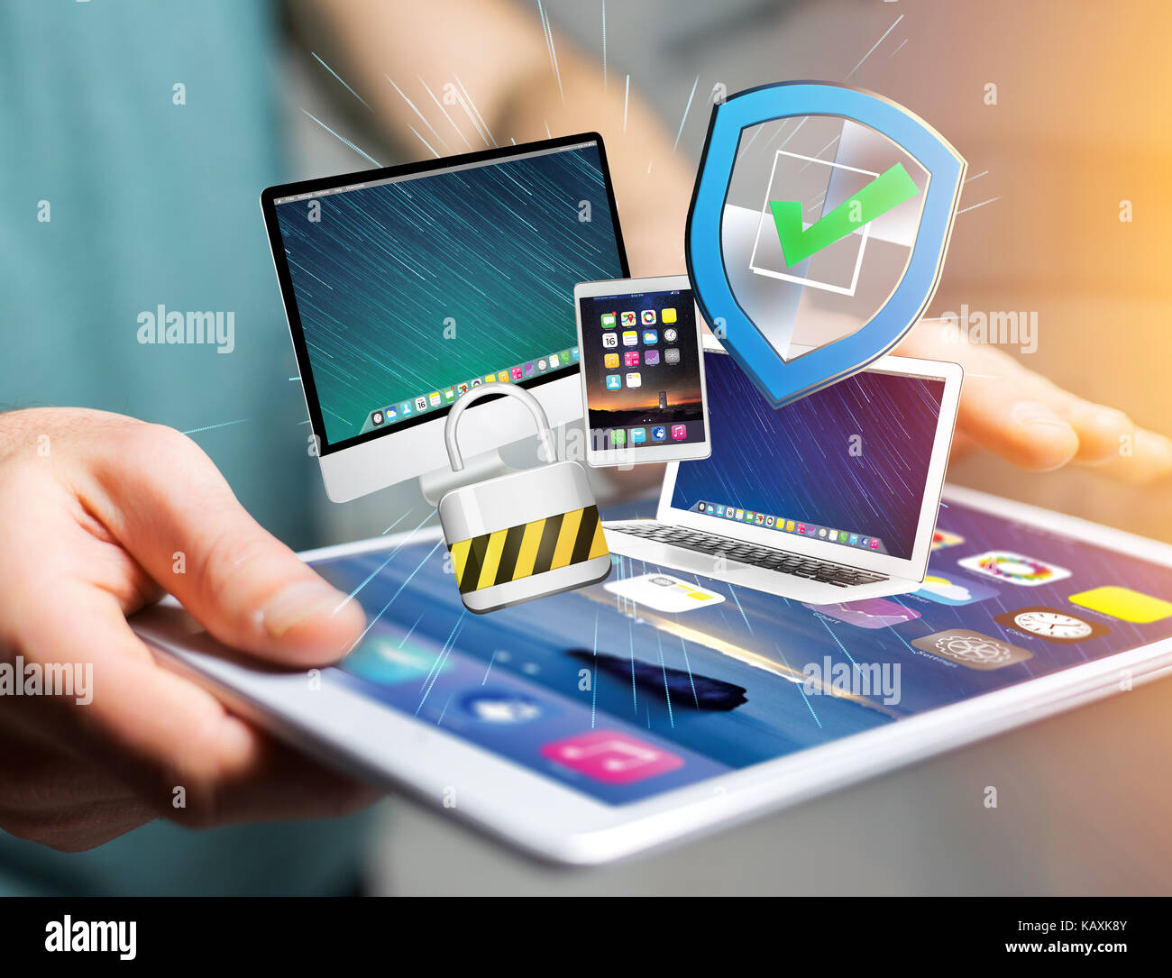 View of a Shield symbol surrounded by padlock and devices displayed on ...